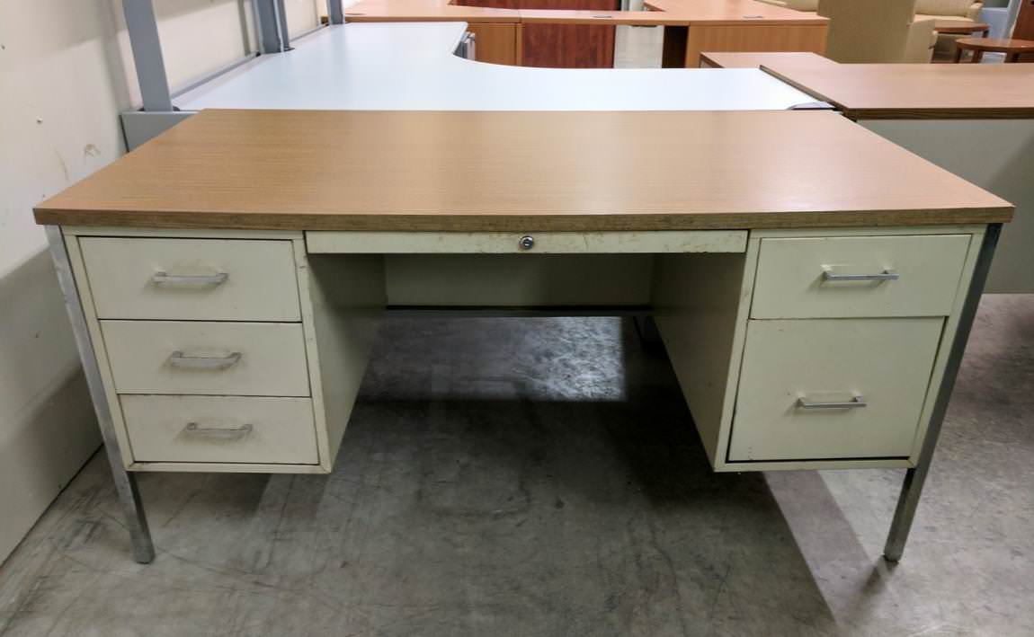 Putty Metal Desk with Oak Laminate Top