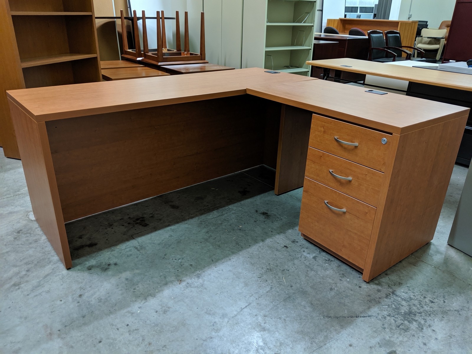 Oak Laminate L Shaped Desk with Drawers | Madison Liquidators
